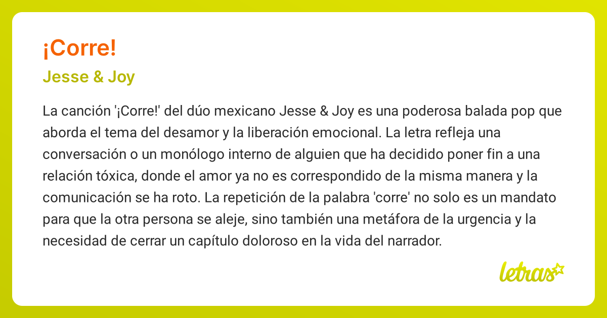 Significado de la canción ¡CORRE! (Jesse & Joy) - LETRAS.COM