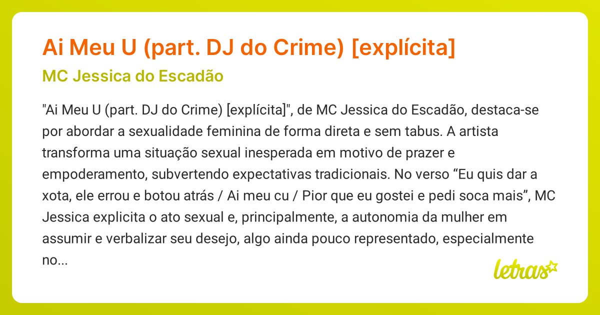 Significado da música Ai Meu U (part. DJ do Crime) [explícita] (MC ...