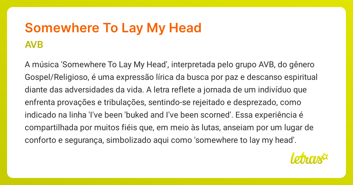 Significado da música SOMEWHERE TO LAY MY HEAD (AVB) - LETRAS.MUS.BR