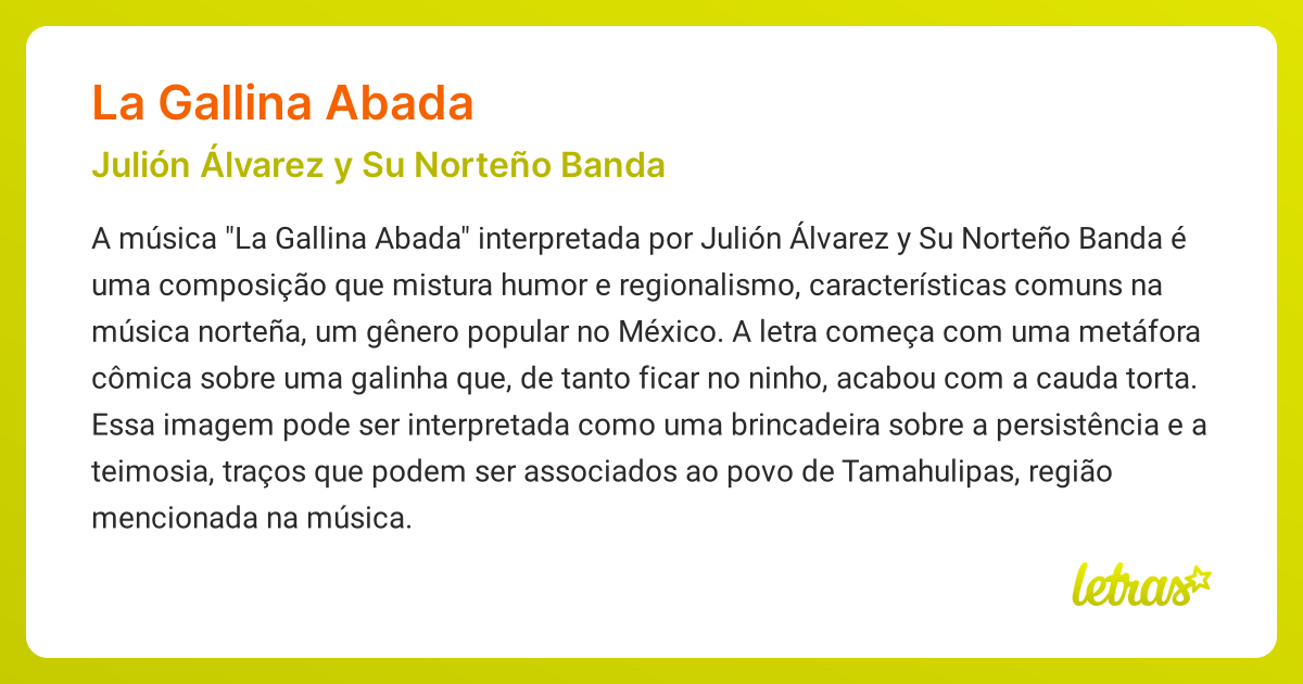 Significado da música LA GALLINA ABADA (Julión Álvarez y Su Norteño ...