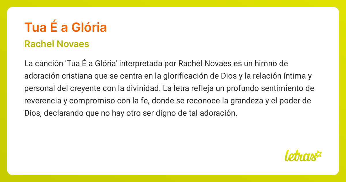 Significado de la canción TUA É A GLÓRIA (Rachel Novaes) - LETRAS.COM