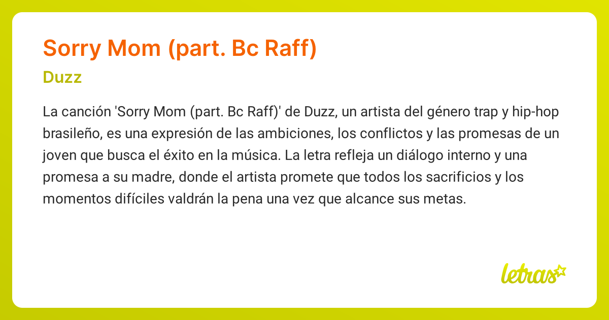 Significado de la canción SORRY MOM (PART. BC RAFF) (Duzz) - LETRAS.COM