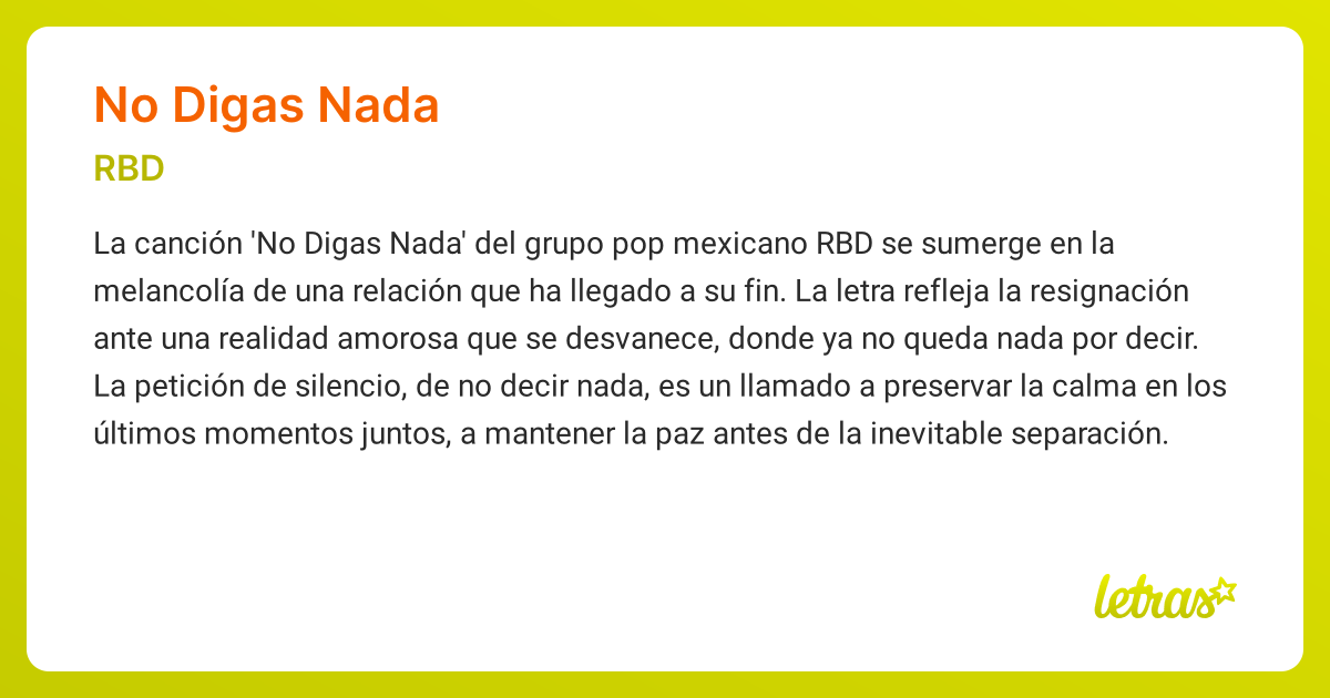 Significado de la canción NO DIGAS NADA (RBD) - LETRAS.COM