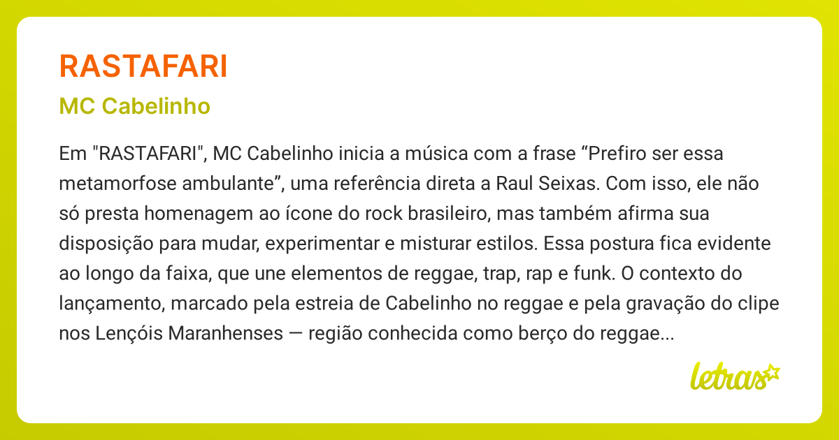 Significado da música RASTAFARI (MC Cabelinho) - LETRAS.MUS.BR