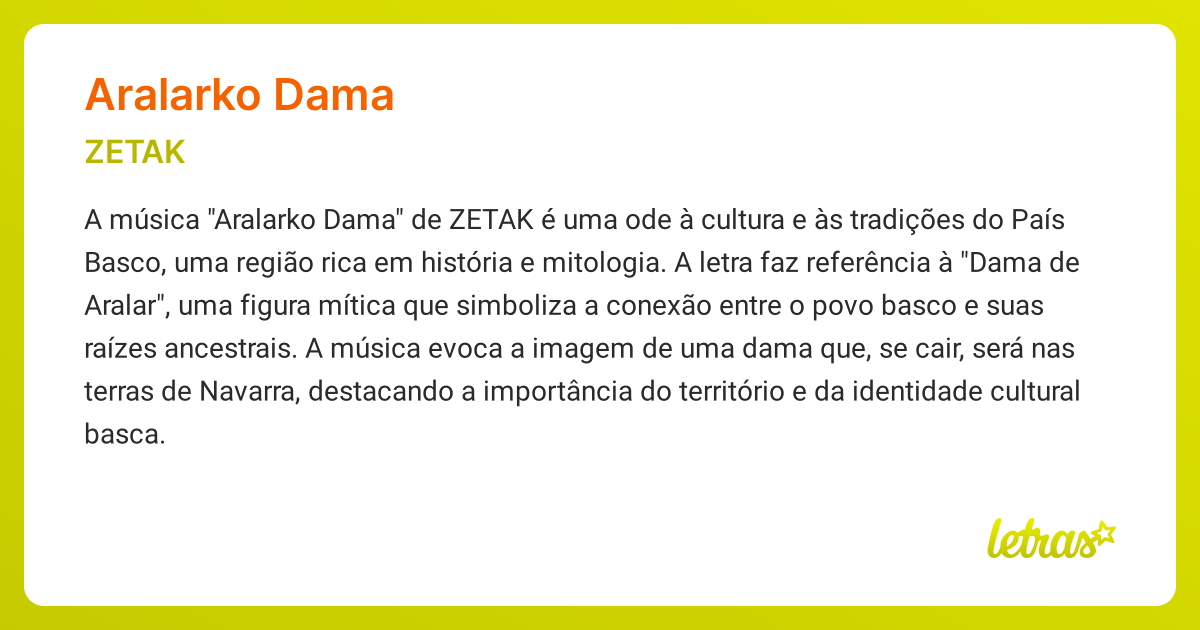 Significado de la canción ARALARKO DAMA (ZETAK) - LETRAS.COM
