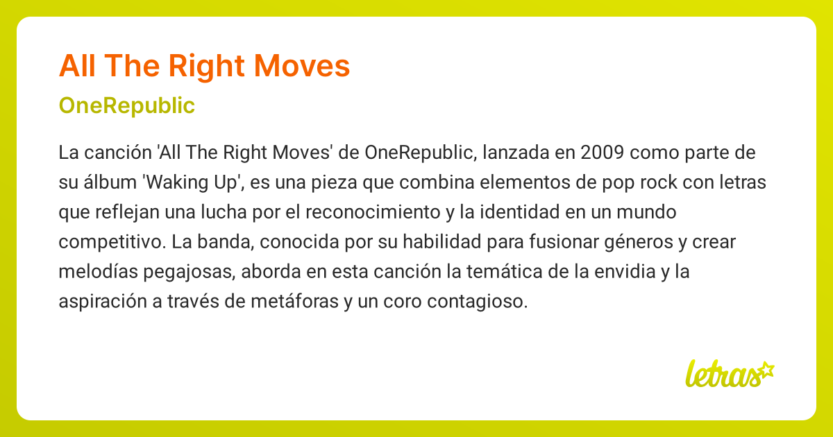 Significado de la canción ALL THE RIGHT MOVES (OneRepublic) - LETRAS.COM