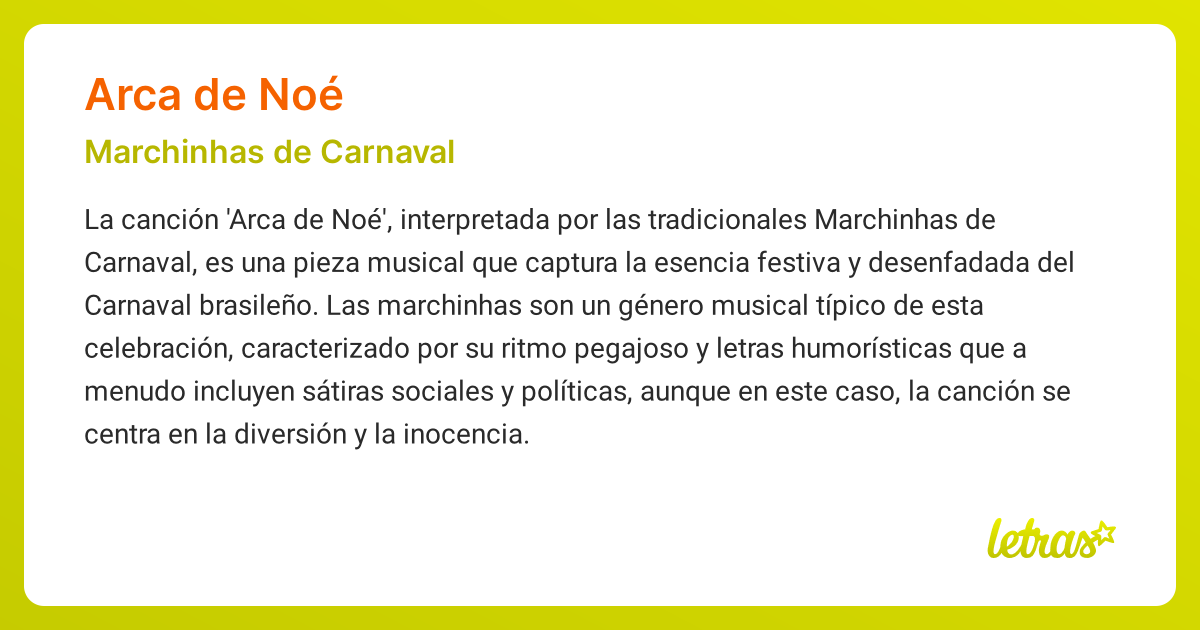 Significado de la canción ARCA DE NOÉ (Marchinhas de Carnaval) - LETRAS.COM