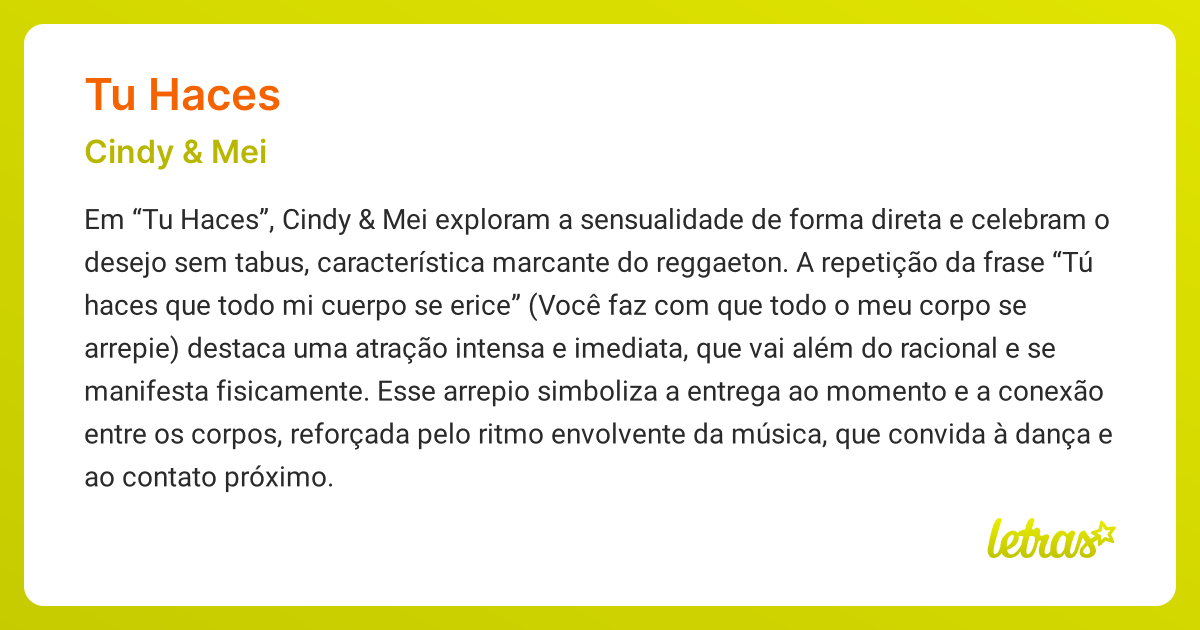 Significado da música TU HACES (Cindy & Mei) - LETRAS.MUS.BR