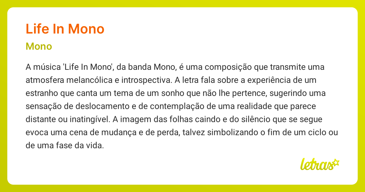 Significado da música LIFE IN MONO (Mono) - LETRAS.MUS.BR