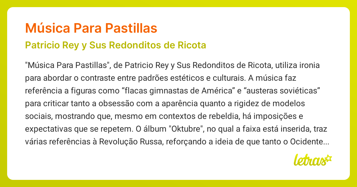 Significado da música MÚSICA PARA PASTILLAS (Patricio Rey y Sus ...