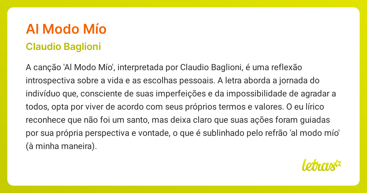 Significado da música AL MODO MÍO (Claudio Baglioni) - LETRAS.MUS.BR