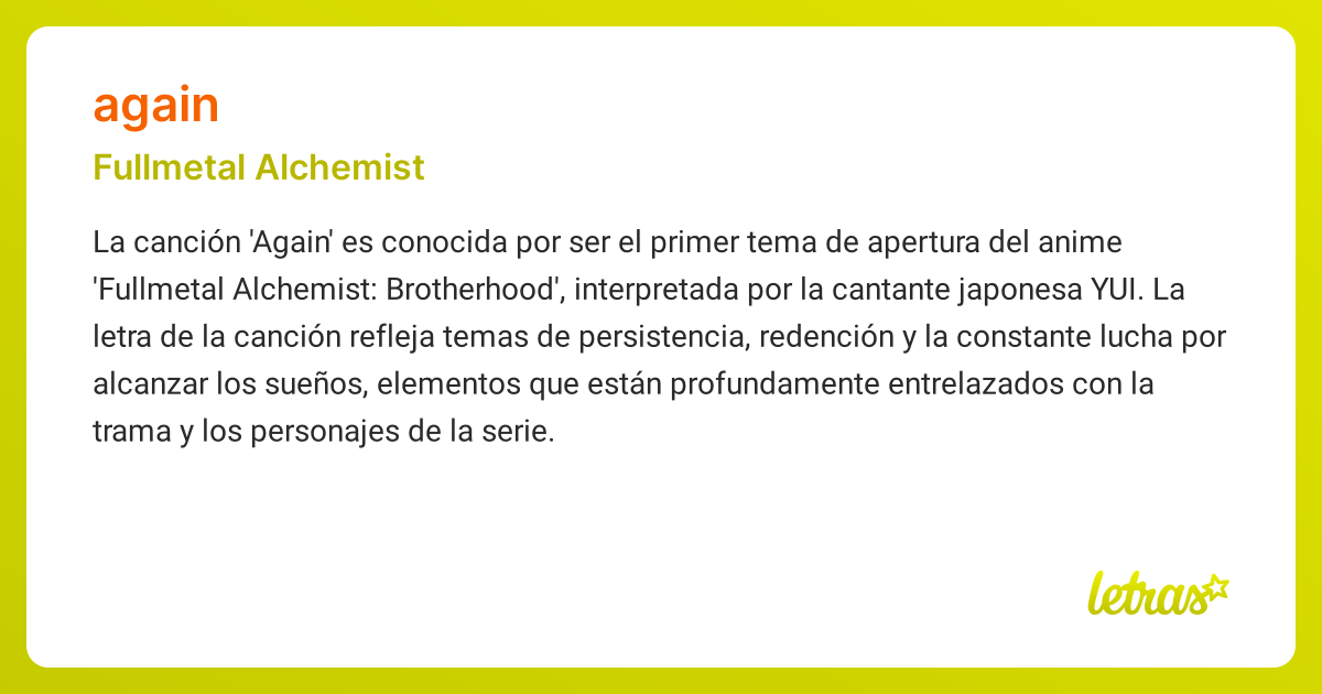 Significado de la canción AGAIN (Fullmetal Alchemist) - LETRAS.COM
