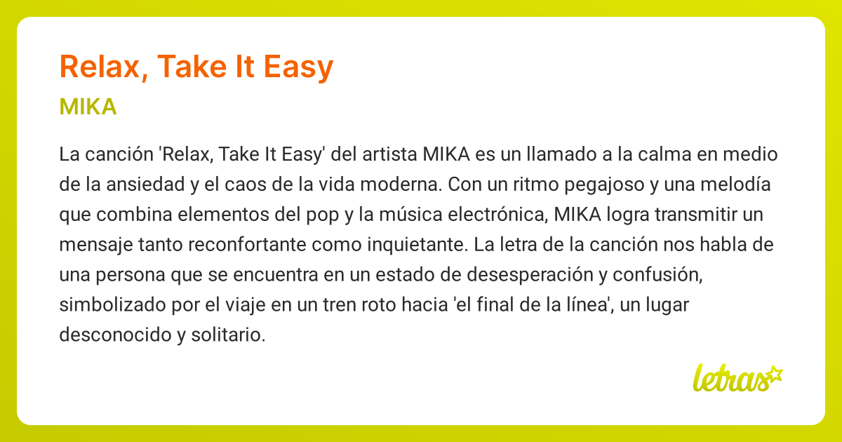 Significado de la canción RELAX, TAKE IT EASY (MIKA) - LETRAS.COM