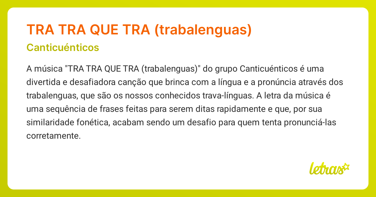 Significado da música TRA TRA QUE TRA (TRABALENGUAS) (Canticuénticos ...