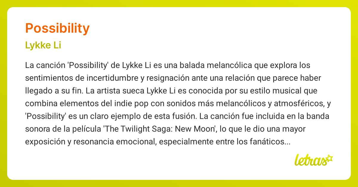 Significado de la canción POSSIBILITY (Lykke Li) - LETRAS.COM
