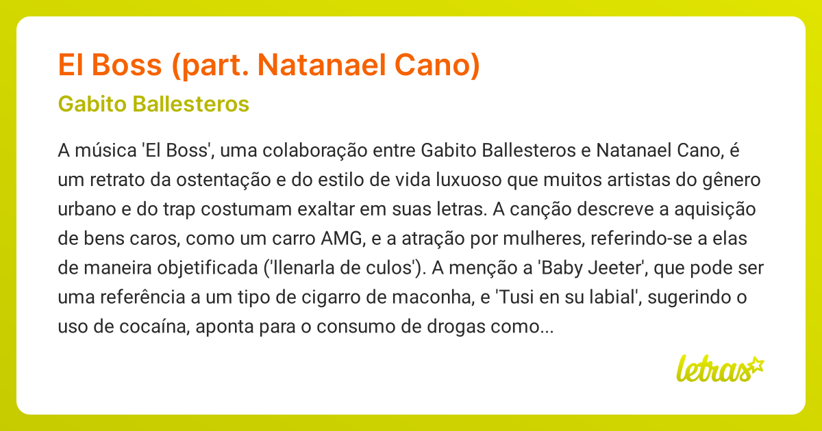 Significado da música EL BOSS (PART. NATANAEL CANO) (Gabito Ballesteros ...