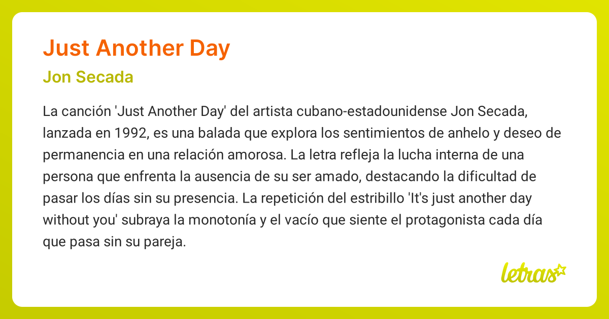 Significado de la canción JUST ANOTHER DAY (Jon Secada) - LETRAS.COM