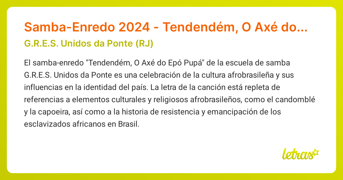 Significado de la canción Samba-Enredo 2024 - Tendendém, O Axé do Epó ...