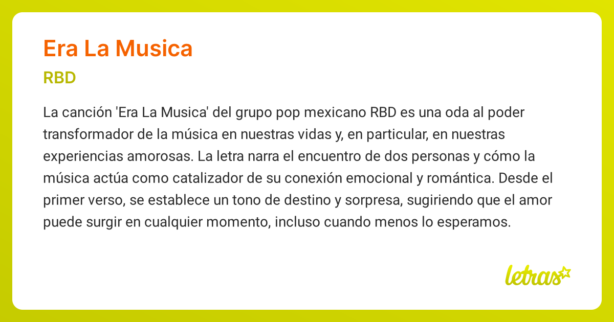 Significado de la canción ERA LA MUSICA (RBD) - LETRAS.COM
