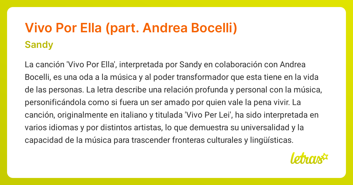 Significado de la canción Vivo Por Ella (part. Andrea Bocelli) (Sandy ...