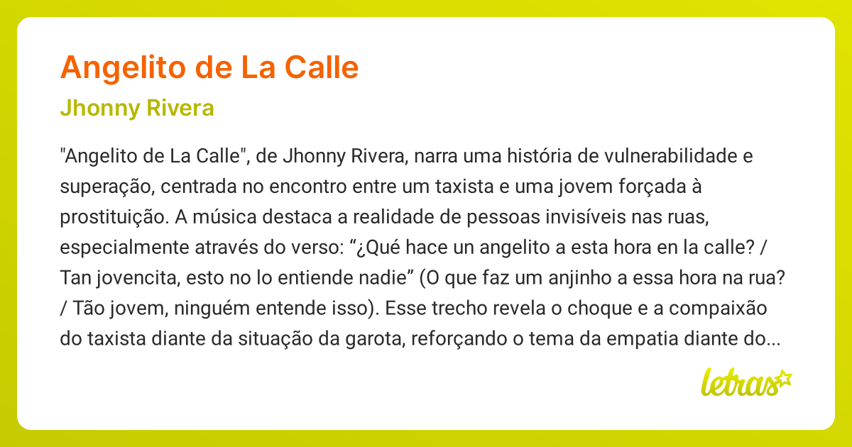 Significado da música ANGELITO DE LA CALLE (Jhonny Rivera) - LETRAS.MUS.BR
