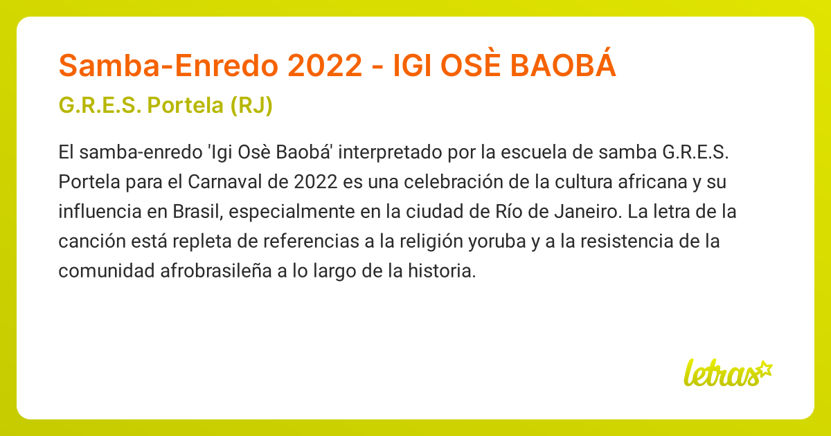 Significado de la canción Samba-Enredo 2022 - IGI OSÈ BAOBÁ (G.R.E.S ...