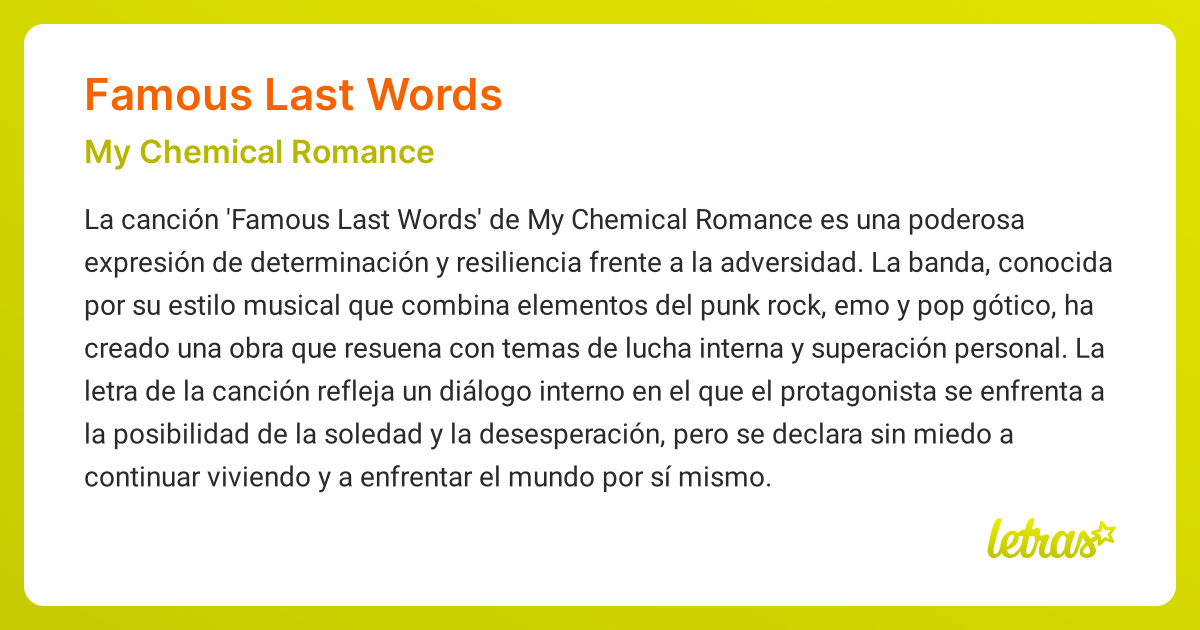 Significado de la canción FAMOUS LAST WORDS (My Chemical Romance ...