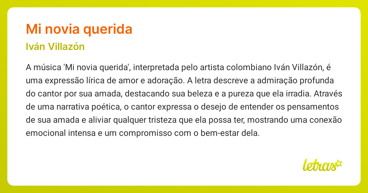Significado da música MI NOVIA QUERIDA (Iván Villazón) - LETRAS.MUS.BR