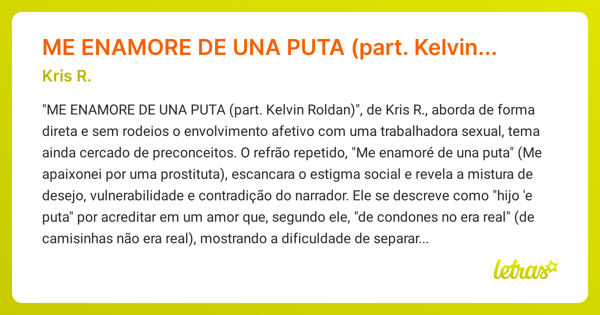 Significado da música ME ENAMORE DE UNA PUTA (part. Kelvin Roldan ...