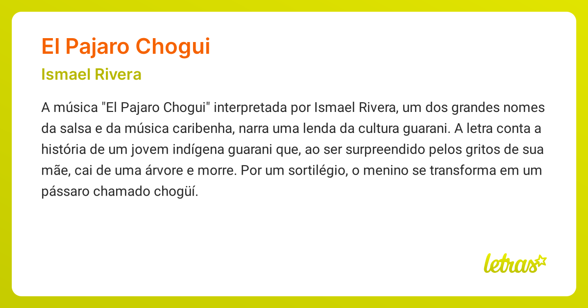 Significado da música EL PAJARO CHOGUI (Ismael Rivera) - LETRAS.MUS.BR
