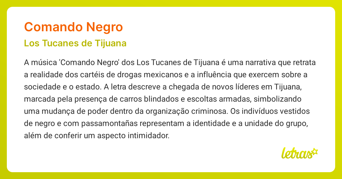 Significado da música COMANDO NEGRO (Los Tucanes de Tijuana) - LETRAS ...