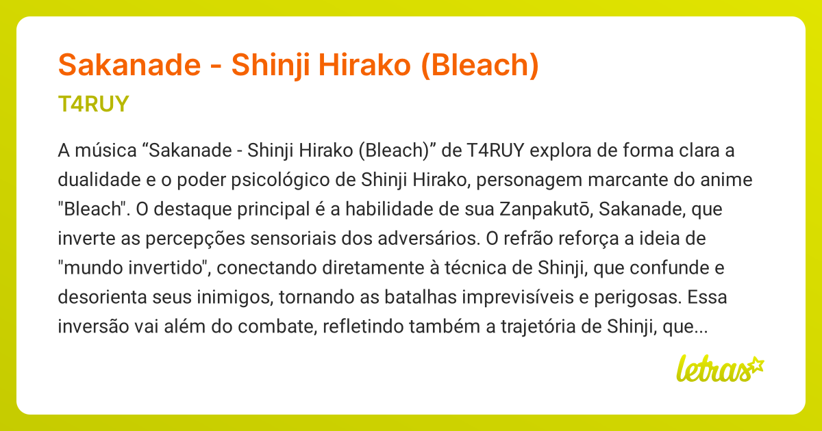 Significado da música Sakanade - Shinji Hirako (Bleach) (T4RUY ...