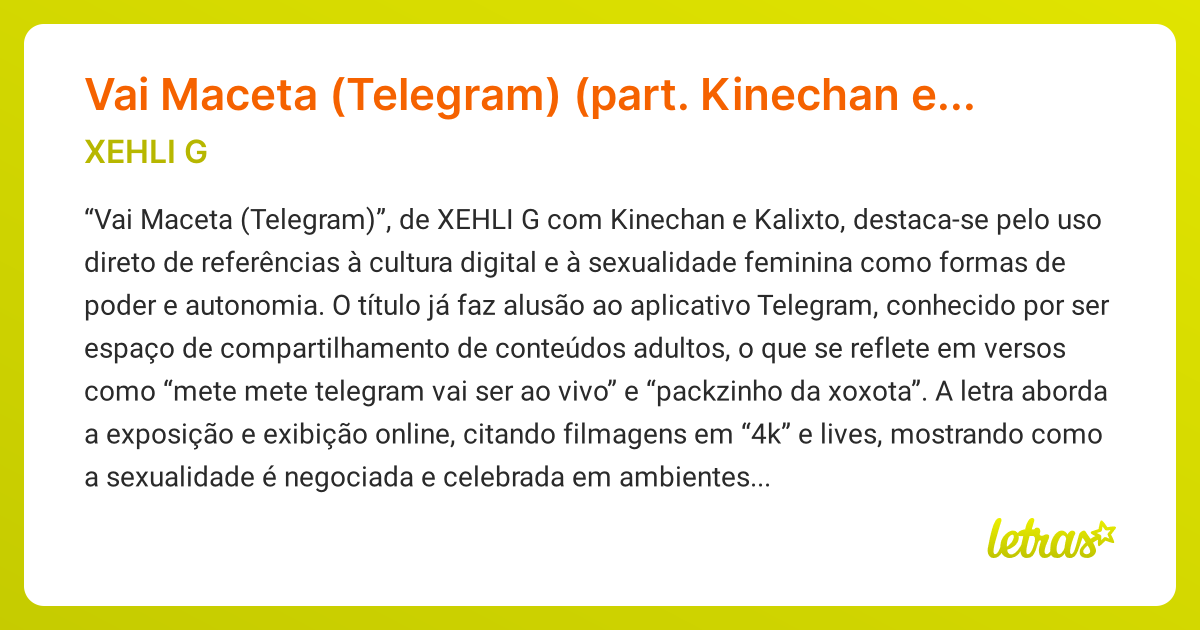 Significado da música Vai Maceta (Telegram) (part. Kinechan e Kalixto ...