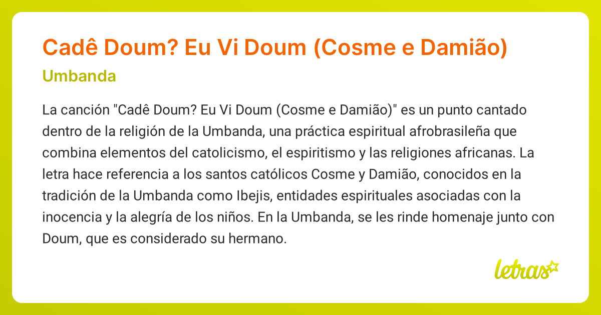 Significado de la canción Cadê Doum? Eu Vi Doum (Cosme e Damião ...