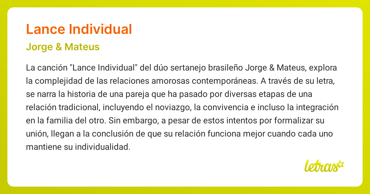 Significado de la canción LANCE INDIVIDUAL (Jorge & Mateus) - LETRAS.COM