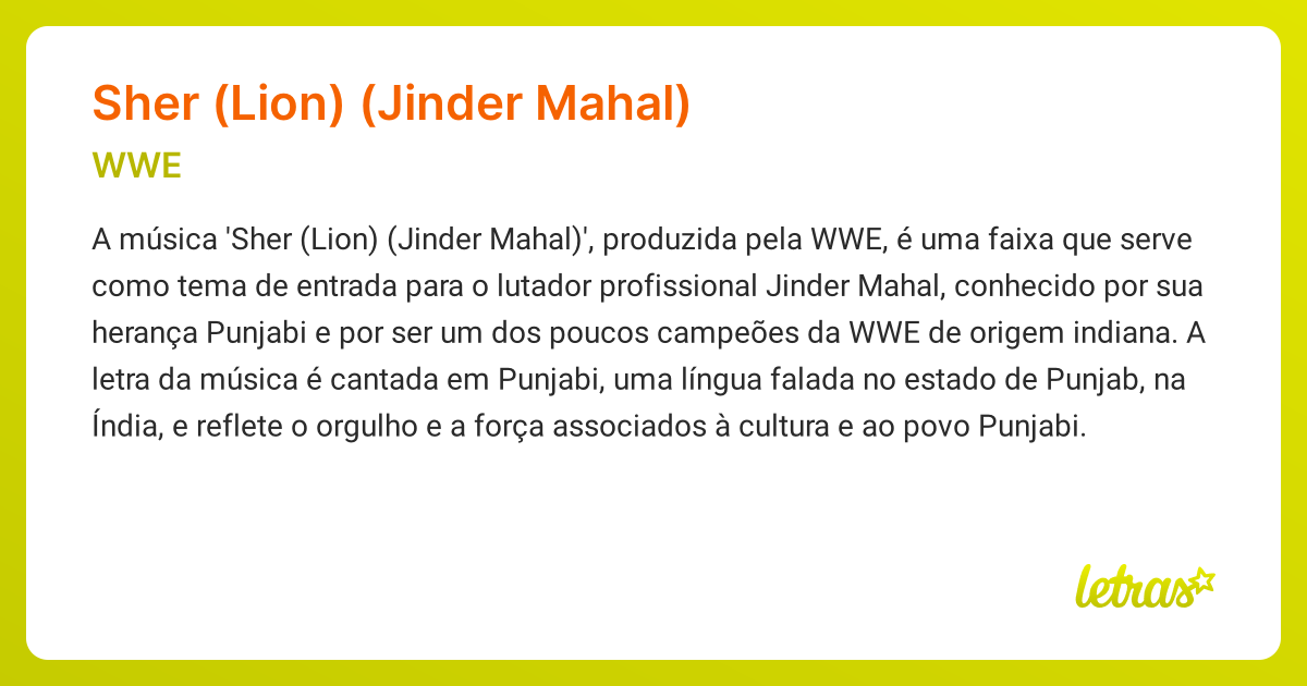 Significado da música SHER (LION) (JINDER MAHAL) (WWE) - LETRAS.MUS.BR