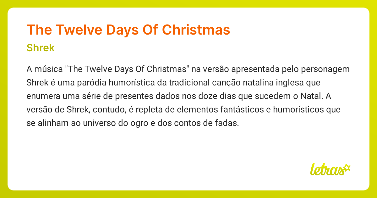 Significado da música THE TWELVE DAYS OF CHRISTMAS (Shrek) - LETRAS.MUS.BR