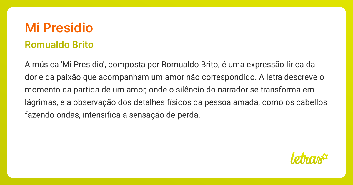 Significado da música MI PRESIDIO (Romualdo Brito) - LETRAS.MUS.BR