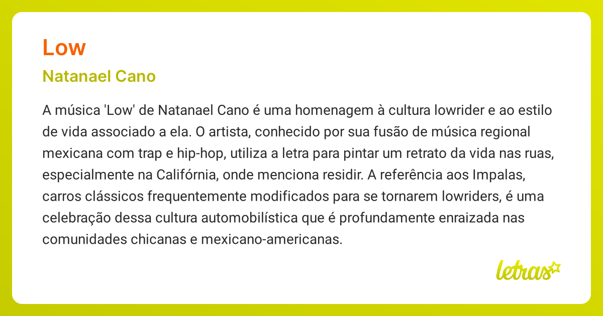 Significado da música LOW (Natanael Cano) - LETRAS.MUS.BR