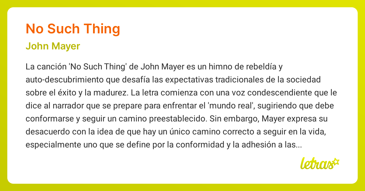 Significado de la canción NO SUCH THING (John Mayer) - LETRAS.COM