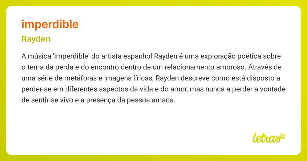 Significado da música IMPERDIBLE (Rayden) - LETRAS.MUS.BR