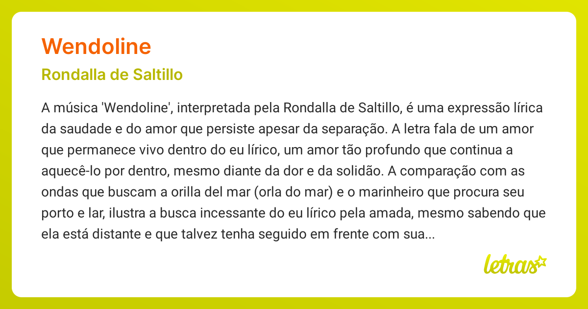 Significado da música WENDOLINE (Rondalla de Saltillo) - LETRAS.MUS.BR