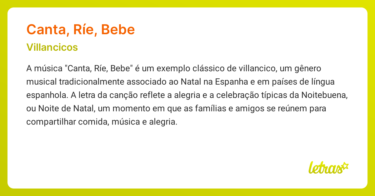 Significado da música CANTA, RÍE, BEBE (Villancicos) - LETRAS.MUS.BR