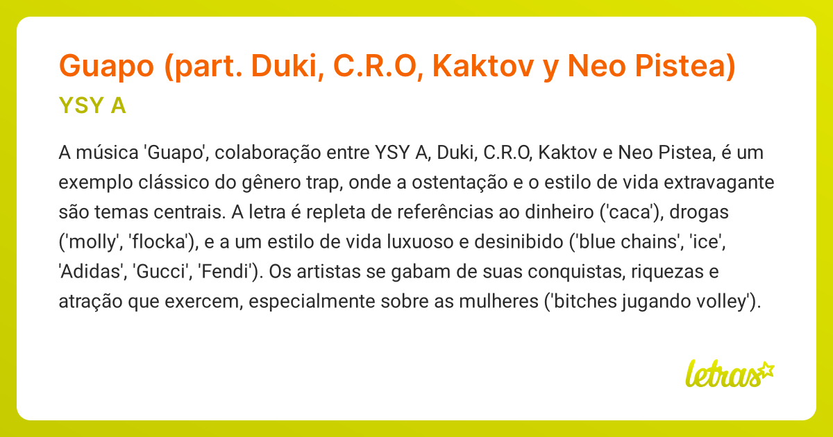 Significado da música Guapo (part. Duki, C.R.O, Kaktov y Neo Pistea ...