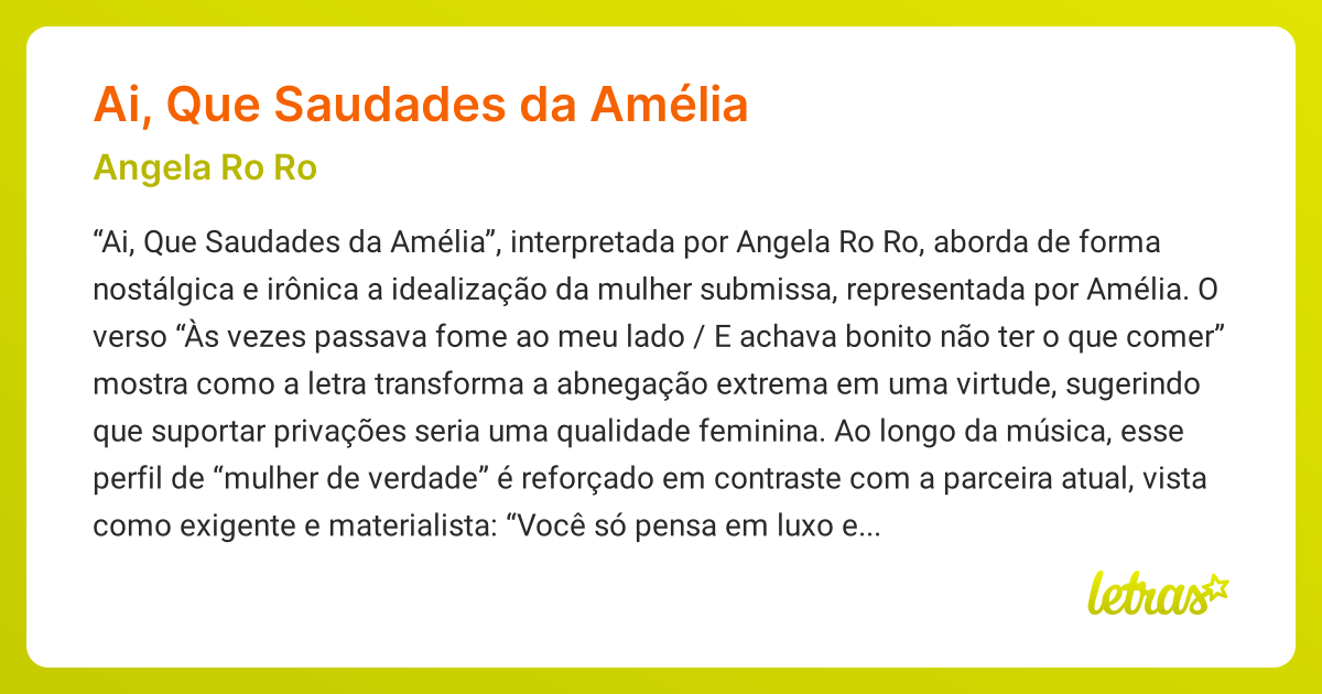 Significado da música AI, QUE SAUDADES DA AMÉLIA (Angela Ro Ro ...