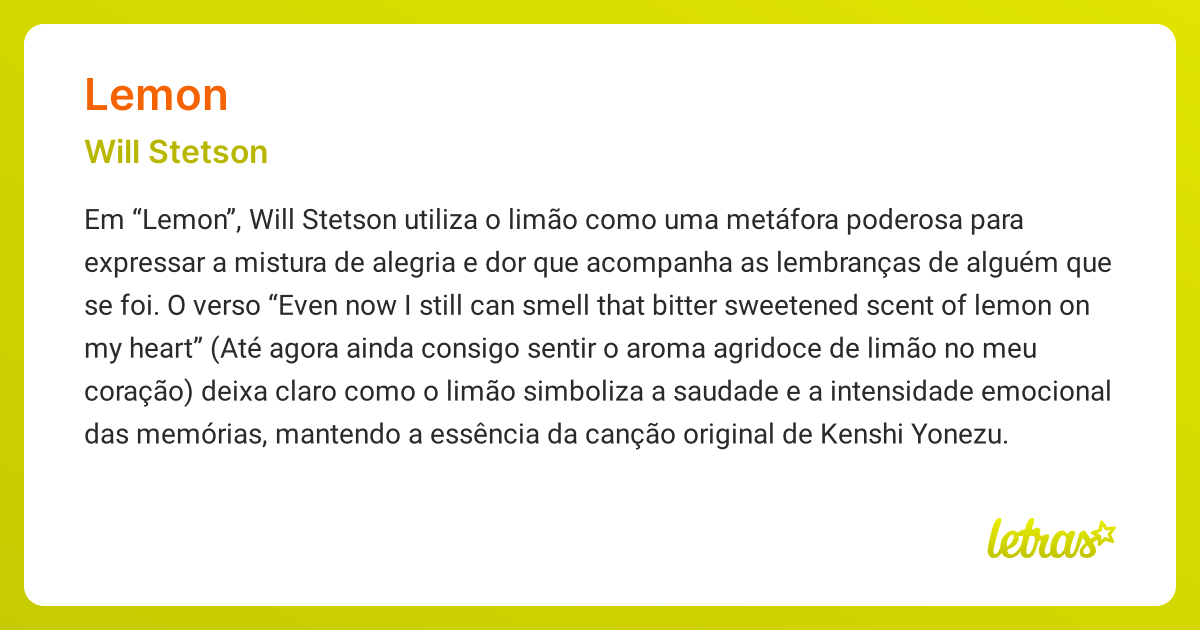 Significado da música LEMON (Will Stetson) - LETRAS.MUS.BR