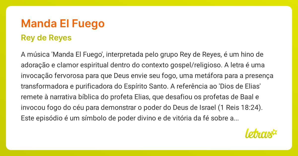 Significado da música MANDA EL FUEGO (Rey de Reyes) - LETRAS.MUS.BR