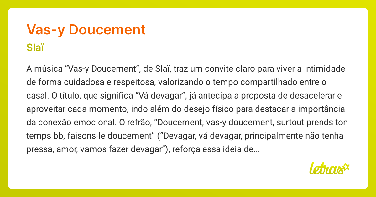 Significado da música VAS-Y DOUCEMENT (Slaï) - LETRAS.MUS.BR