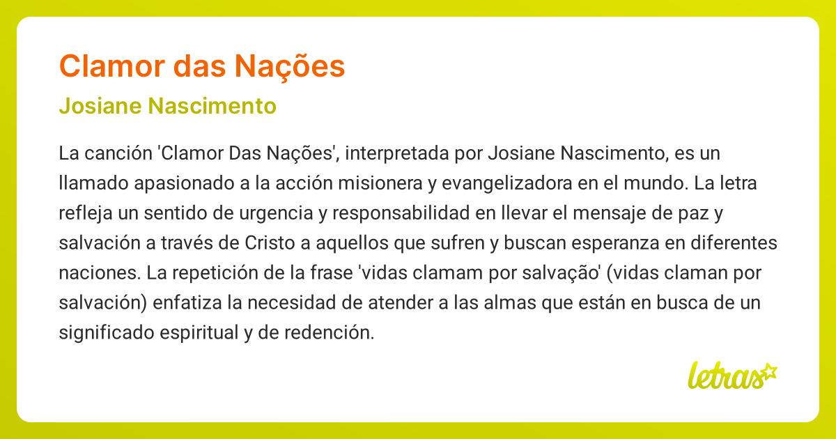 Significado de la canción CLAMOR DAS NAÇÕES (Josiane Nascimento ...