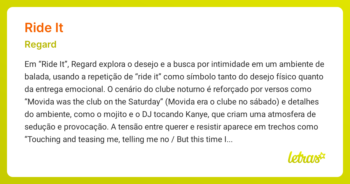 Significado da música RIDE IT (Regard) - LETRAS.MUS.BR